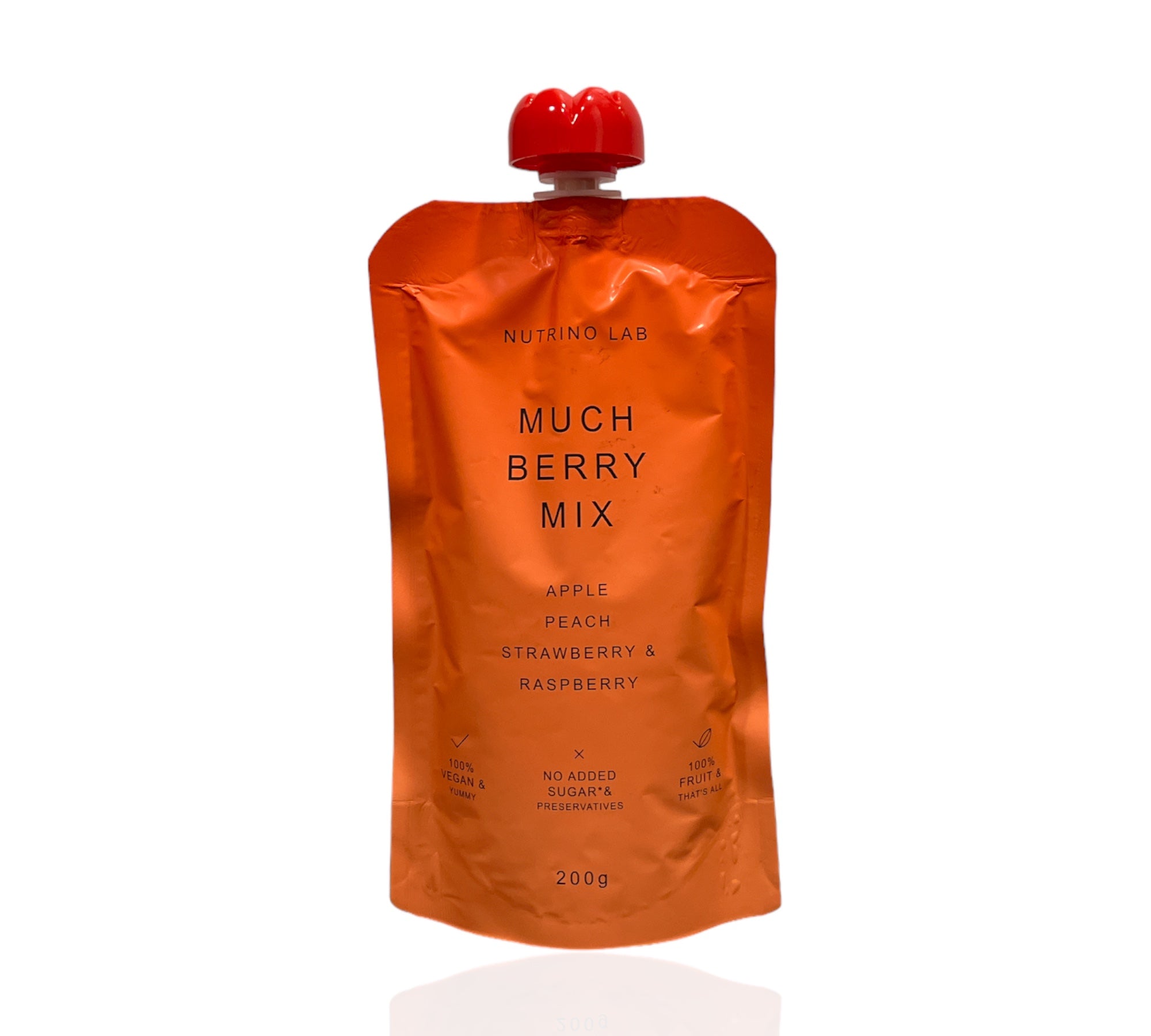 Fruchtsnack Nutrino Lab mit Apfel, Pfirsiche, Erdbeeren und Himbeeren